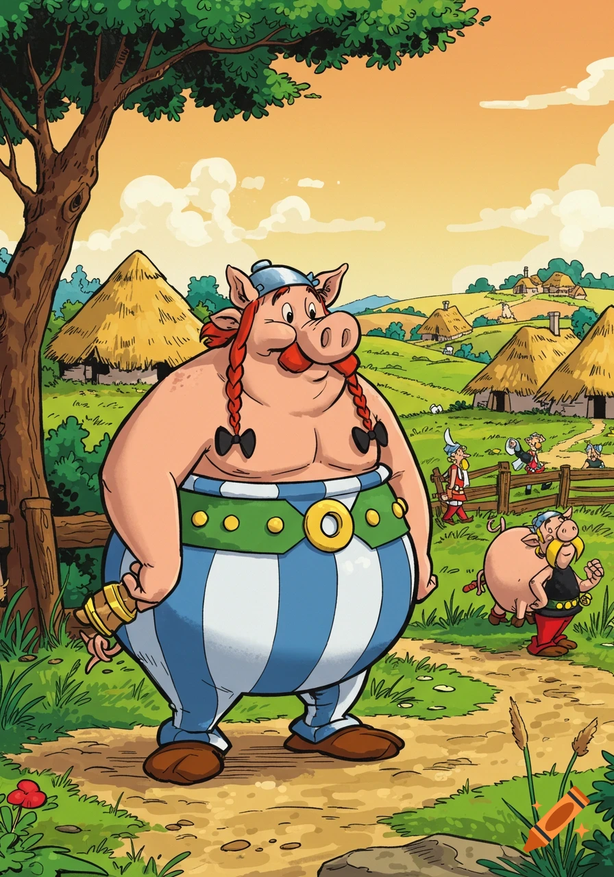 A cartoon pig resembling Obelix, in striped pants and blue helmet ...