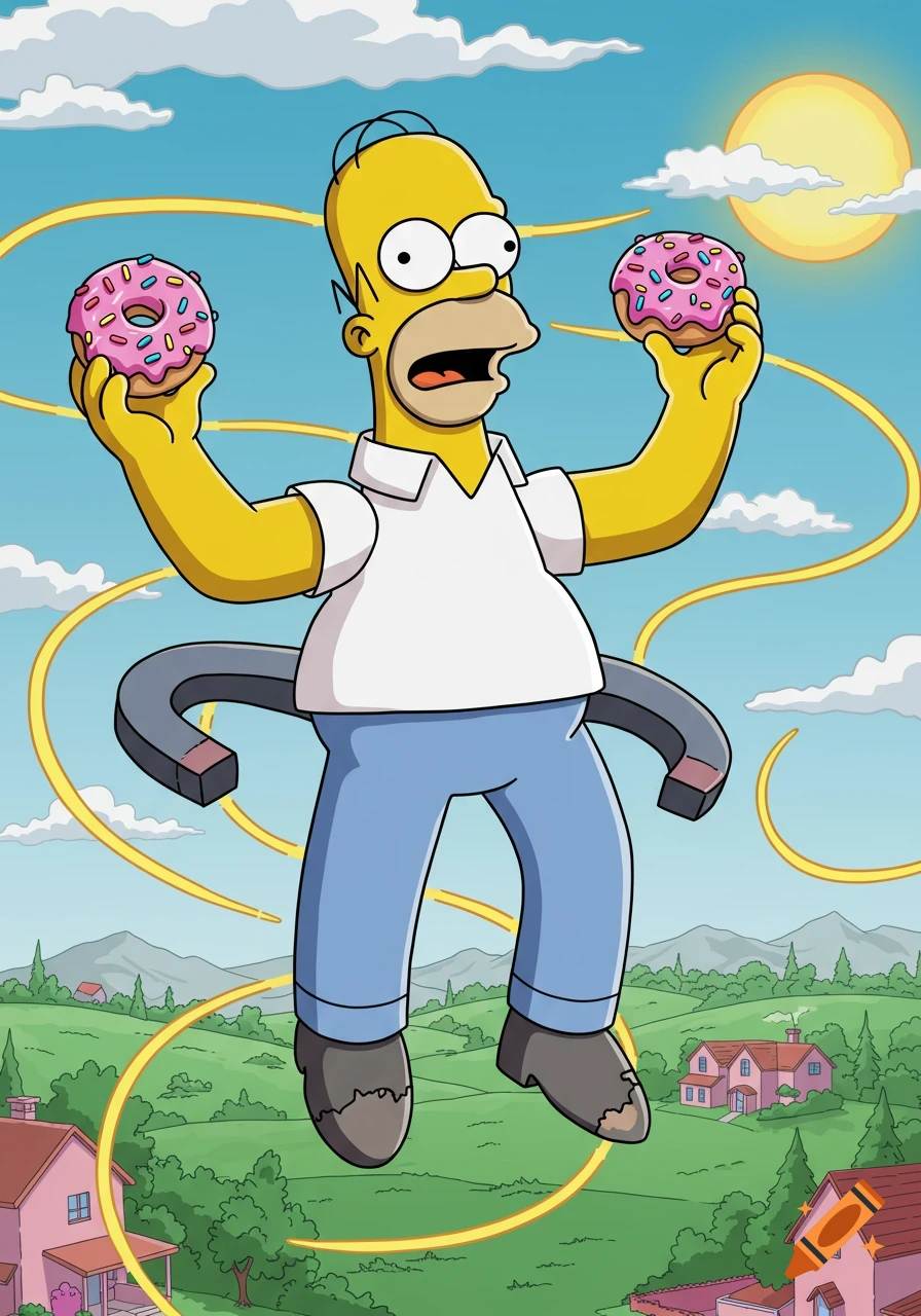 Homer Simpson floats above a green landscape, holding a pink frosted ...
