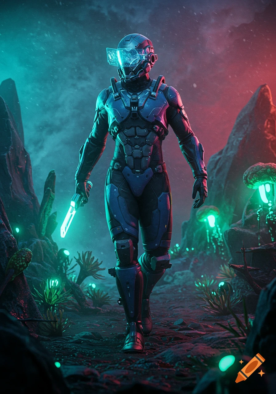 A futuristic sci-fi explorer in a glowing suit walks through an alien ...