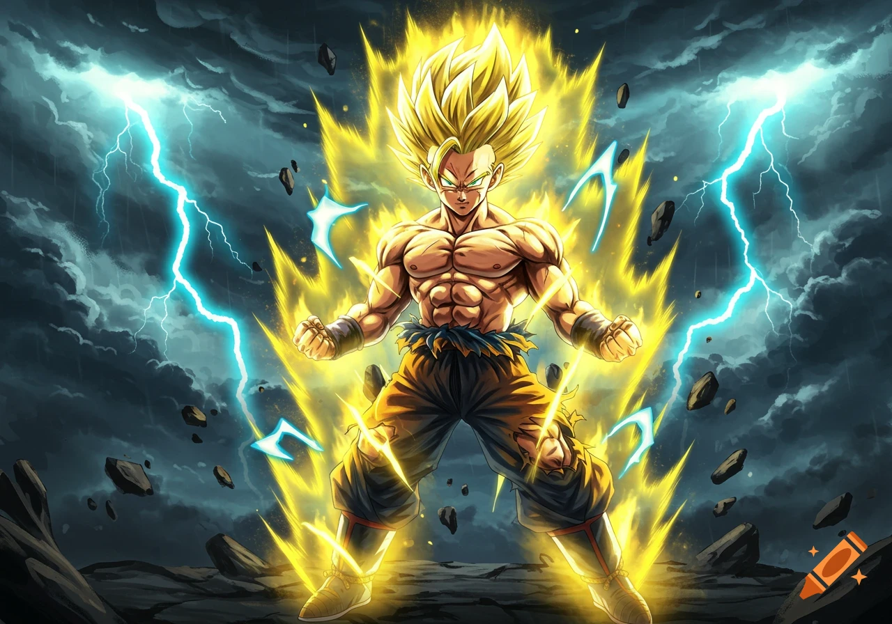 Anime character Goku in Super Saiyan form, surrounded by a bright ...