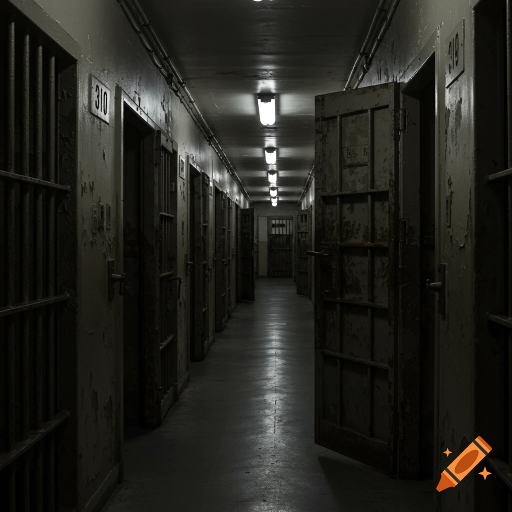 A dim, long, photorealistic corridor in a women's prison, with open and ...