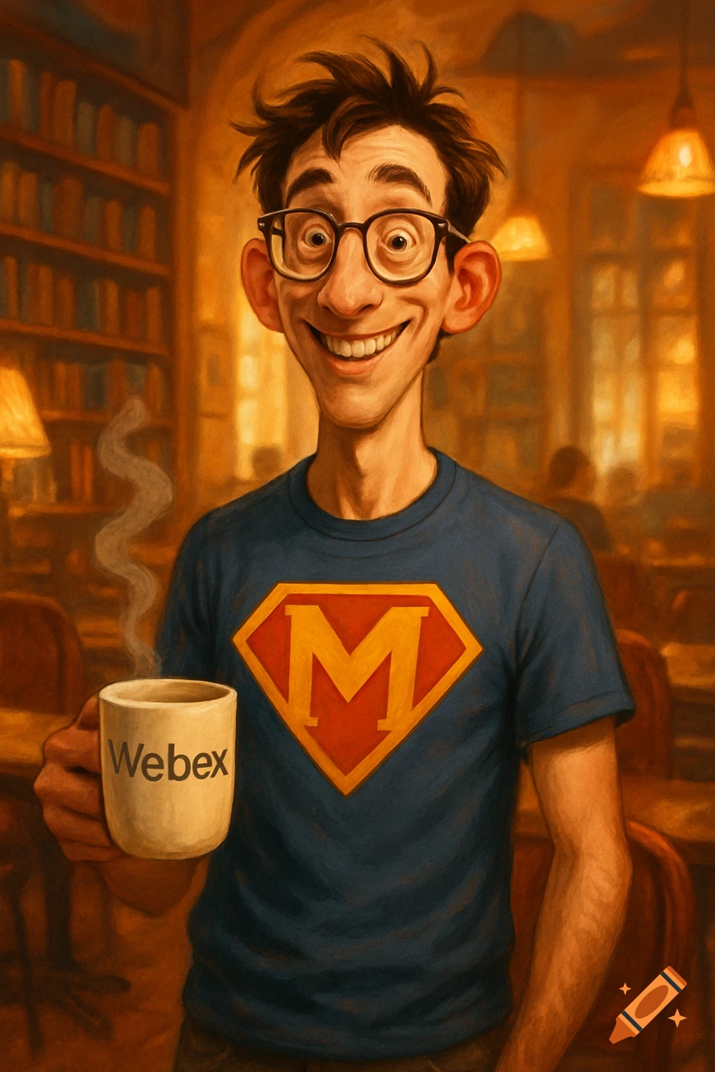 A cartoonish, smiling nerdy guy in glasses and a blue 'M' t-shirt holds ...