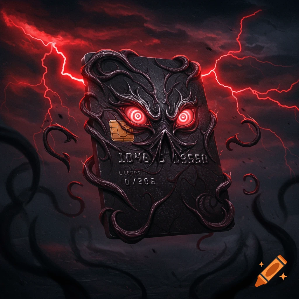 An evil, dark credit card with glowing red eyes and tendrils ...