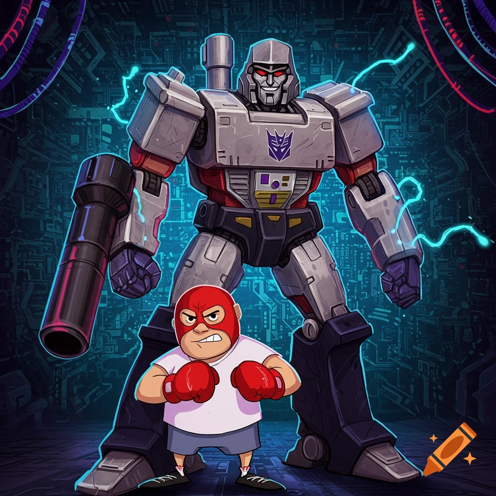 Cartoon of a large Megatron standing behind Strong Bad in a wrestling ...