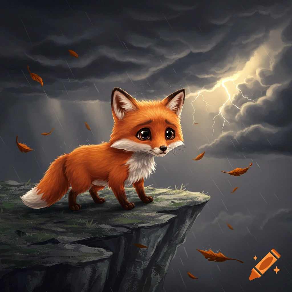 A cute, sad, cartoon fox stands on a rocky cliff under a stormy, rainy ...
