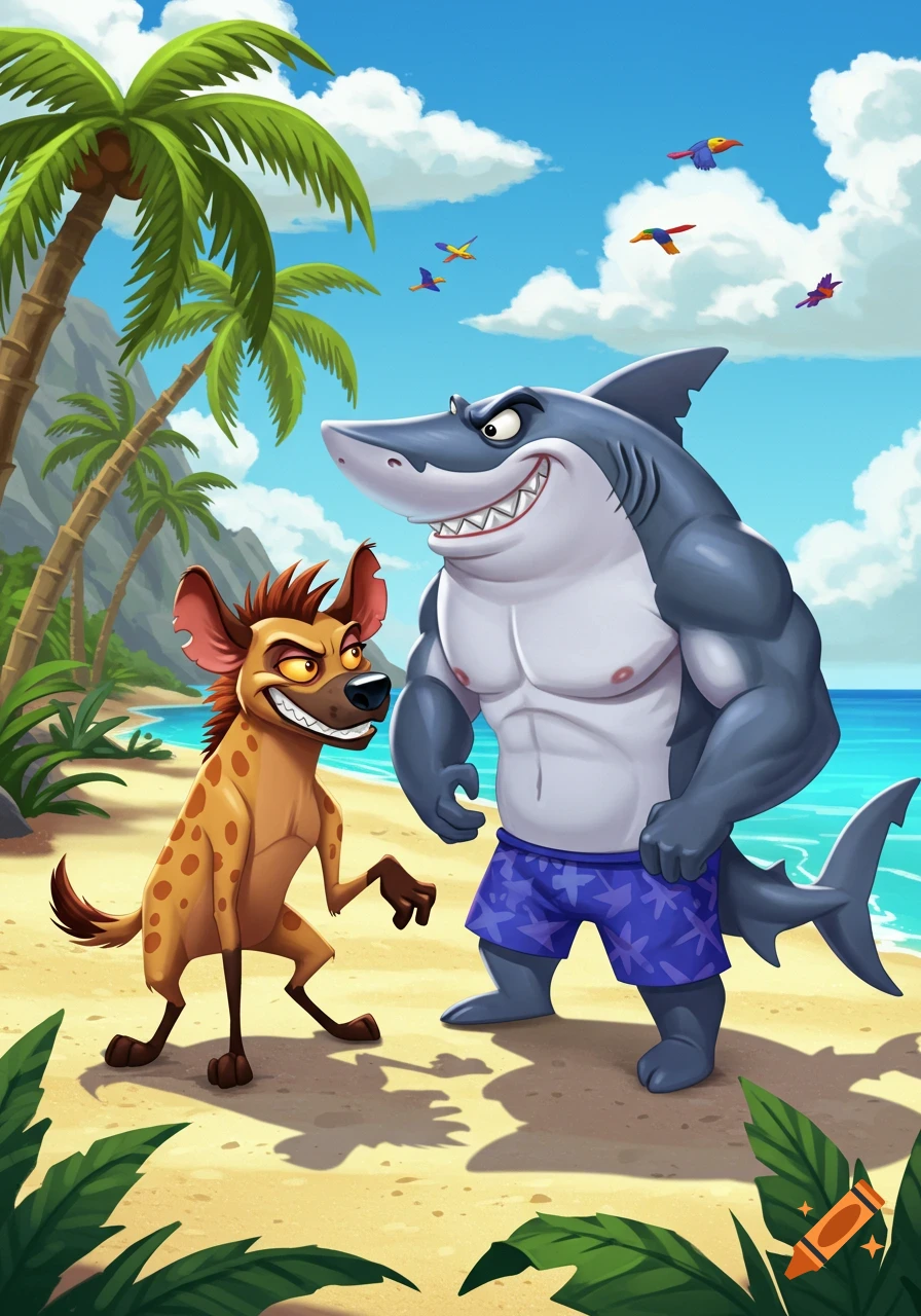 A cartoon hyena and a muscular shark stand on a sunny beach with palm ...