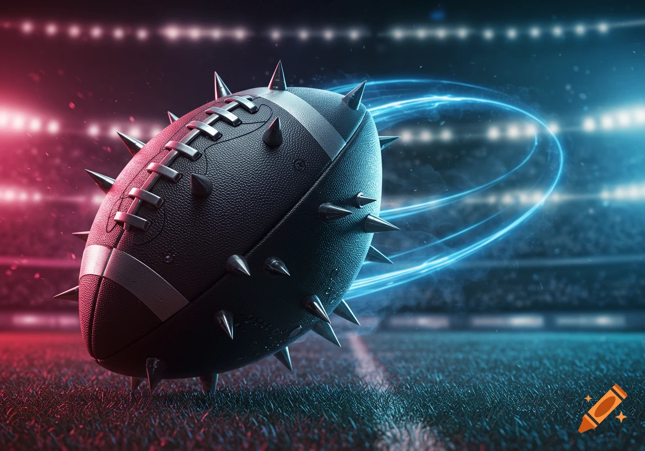 A black American football covered in sharp metal spikes rests on a ...