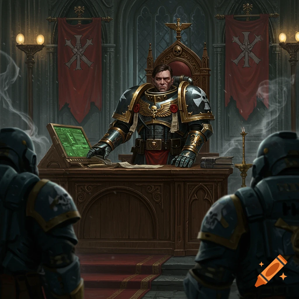 A grim Warhammer 40k Imperial officer in power armor sits at a gothic ...
