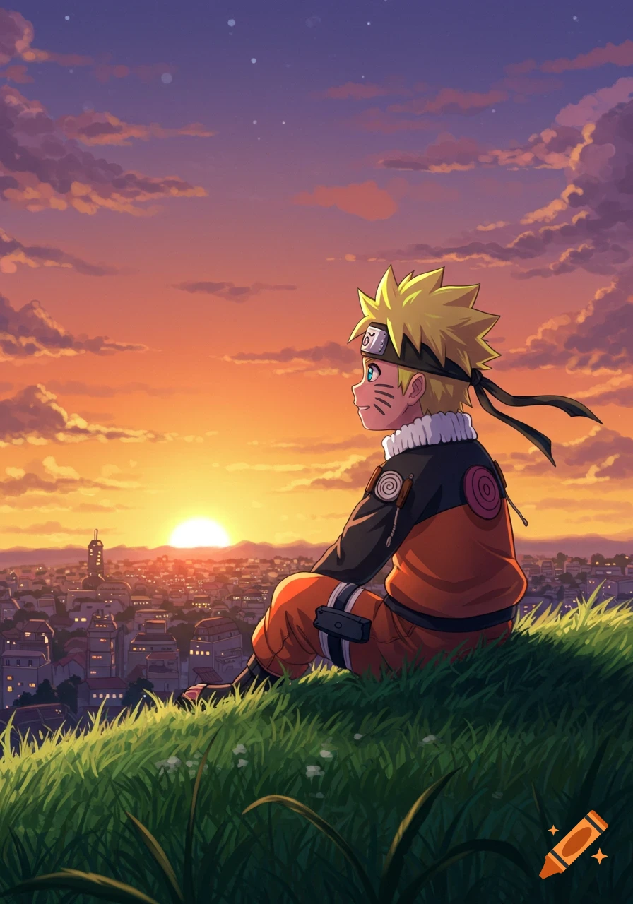 Anime character Naruto, as a child, sits on a grassy hill overlooking a ...