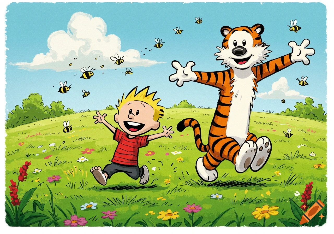 Calvin and Hobbes cartoon characters run happily through a sunny, green ...