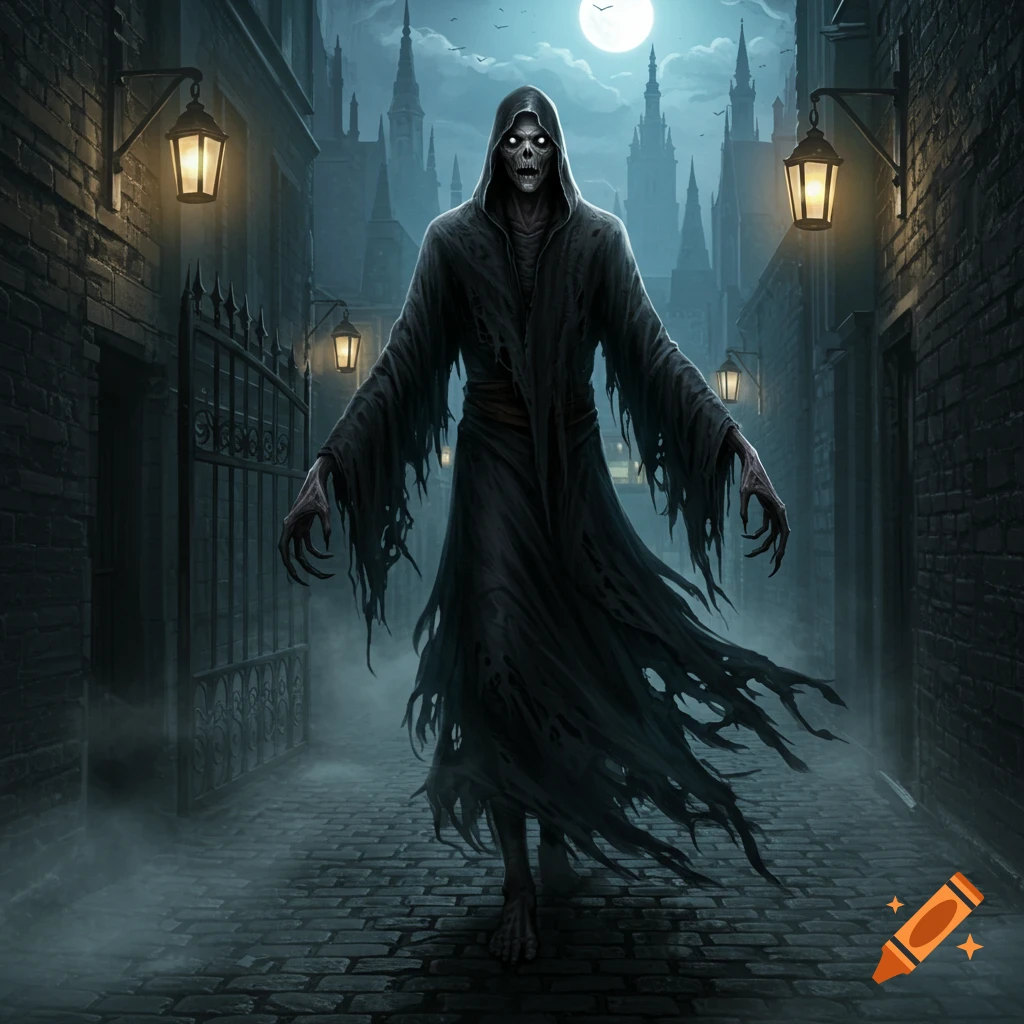A skeletal, hooded figure in a tattered robe walks down a dark, foggy ...
