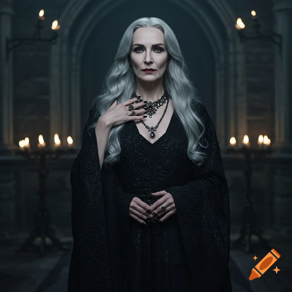 A proud middle-aged woman with long grey hair, in a black gothic robe ...