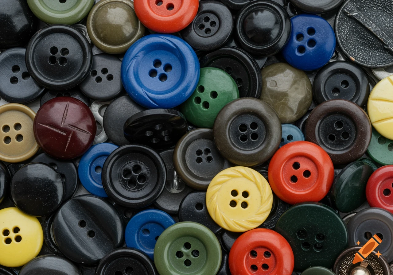 Close-up photorealistic image of a pile of various colorful buttons in ...