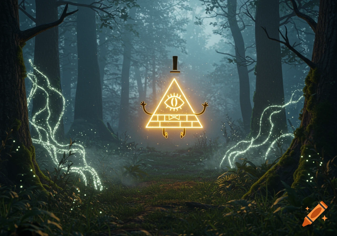 Glowing Bill Cipher, a triangular character with an eye and top hat ...