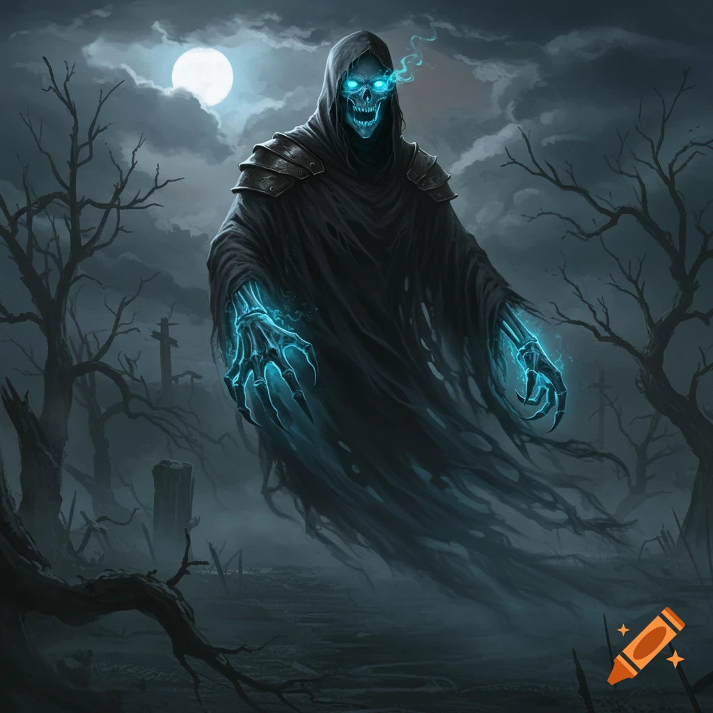 A glowing skeletal wraith in a tattered cloak stands in a misty, dead ...