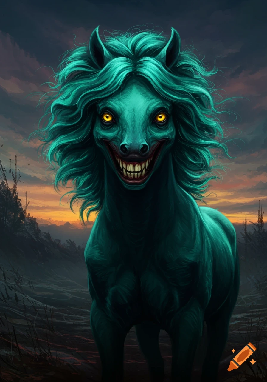 An unsettling, teal-furred horse with a wild mane stares forward ...