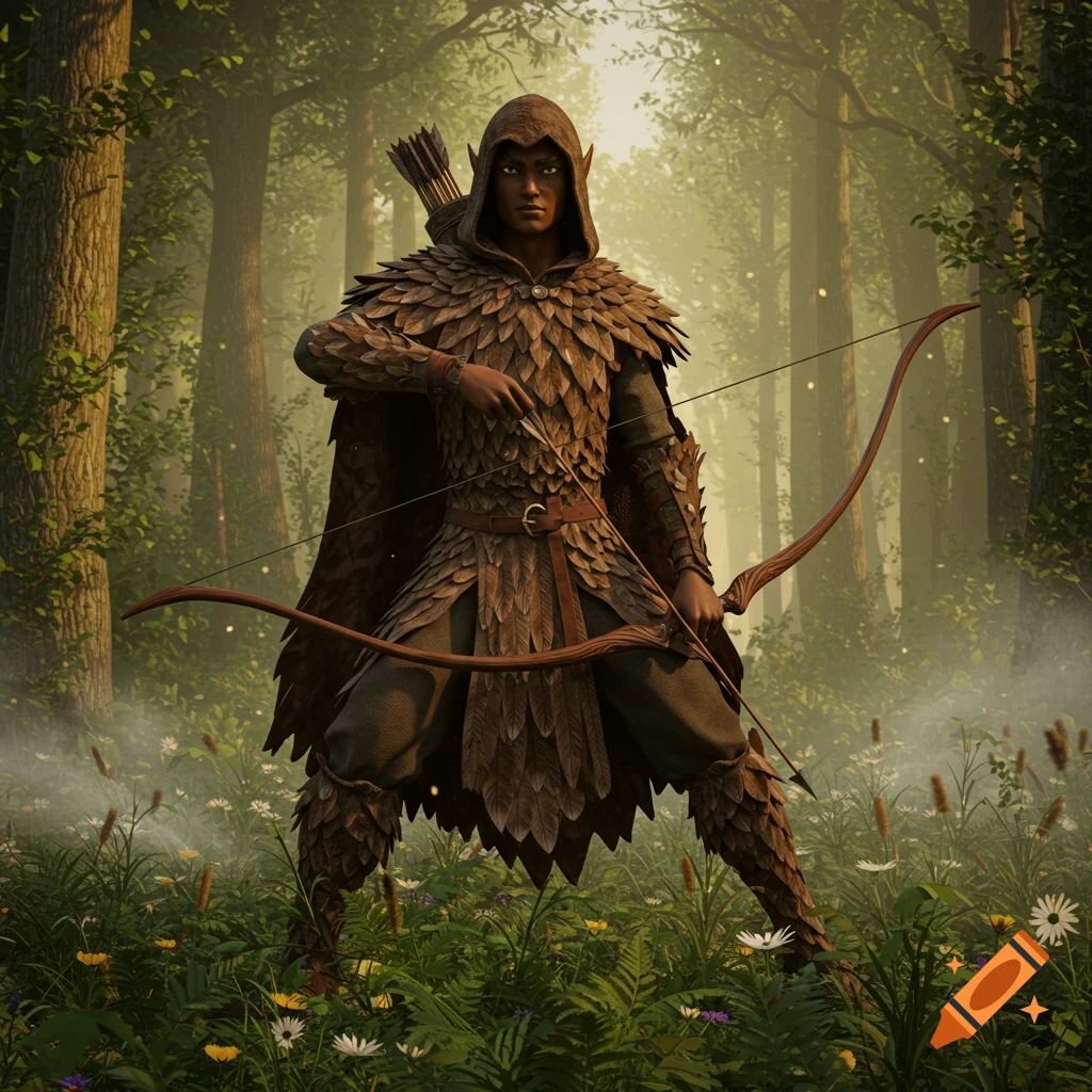 Brown-skinned male wood elf in a feathered cloak holding a longbow ...
