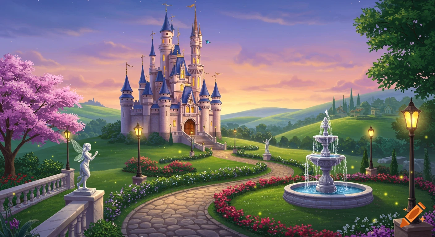A magical Disney-style castle at sunset, with a winding path leading to ...