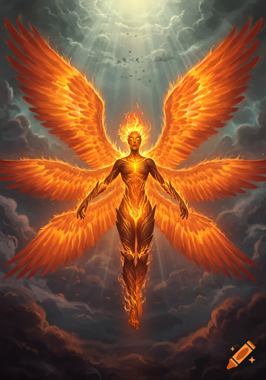 A vibrant, fiery angel-like being with large glowing orange wings ...