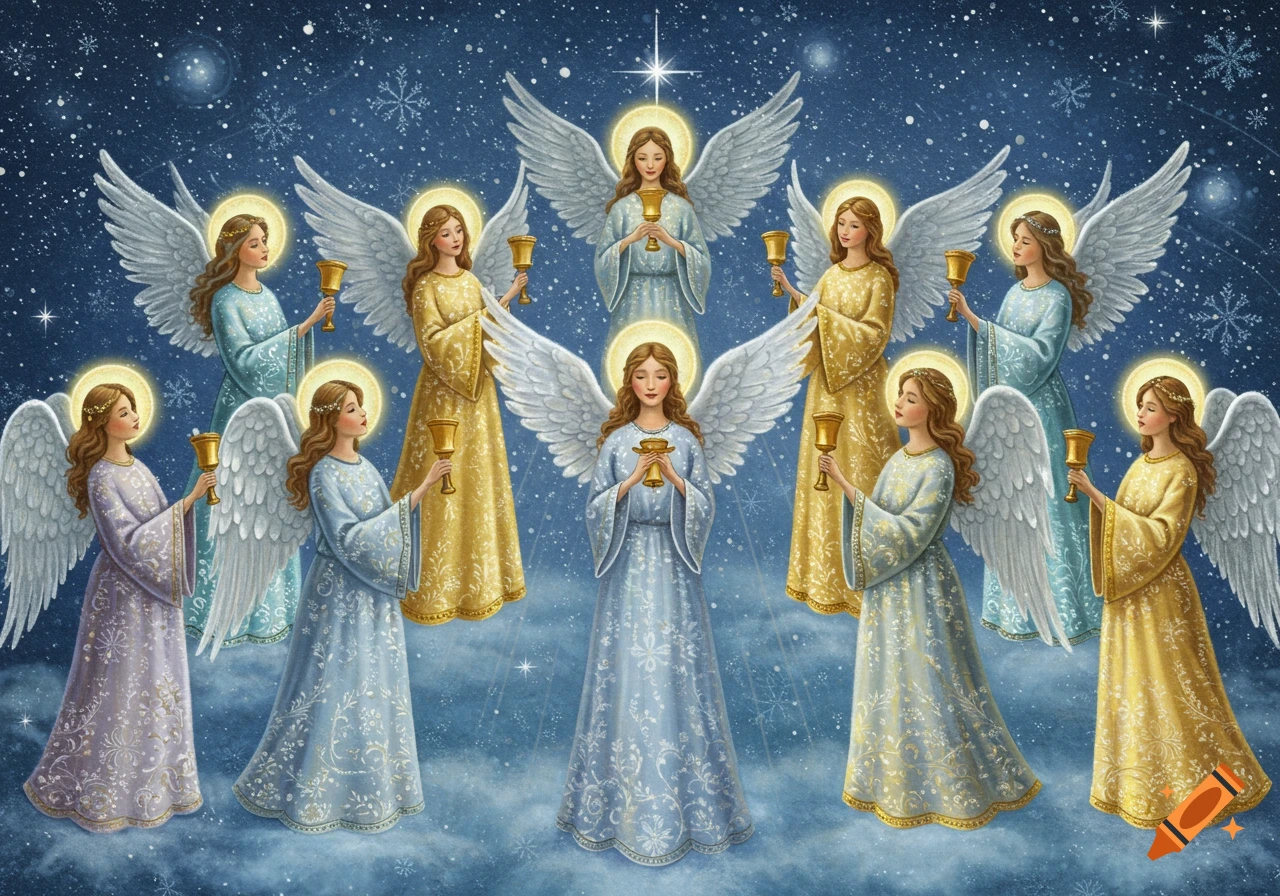 Illustration of nine angels in flowing robes holding chalices ...