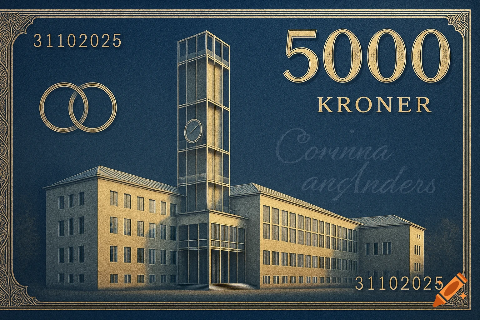 Stylized blue and gold banknote with Århus City Hall, '5000 KRONER ...