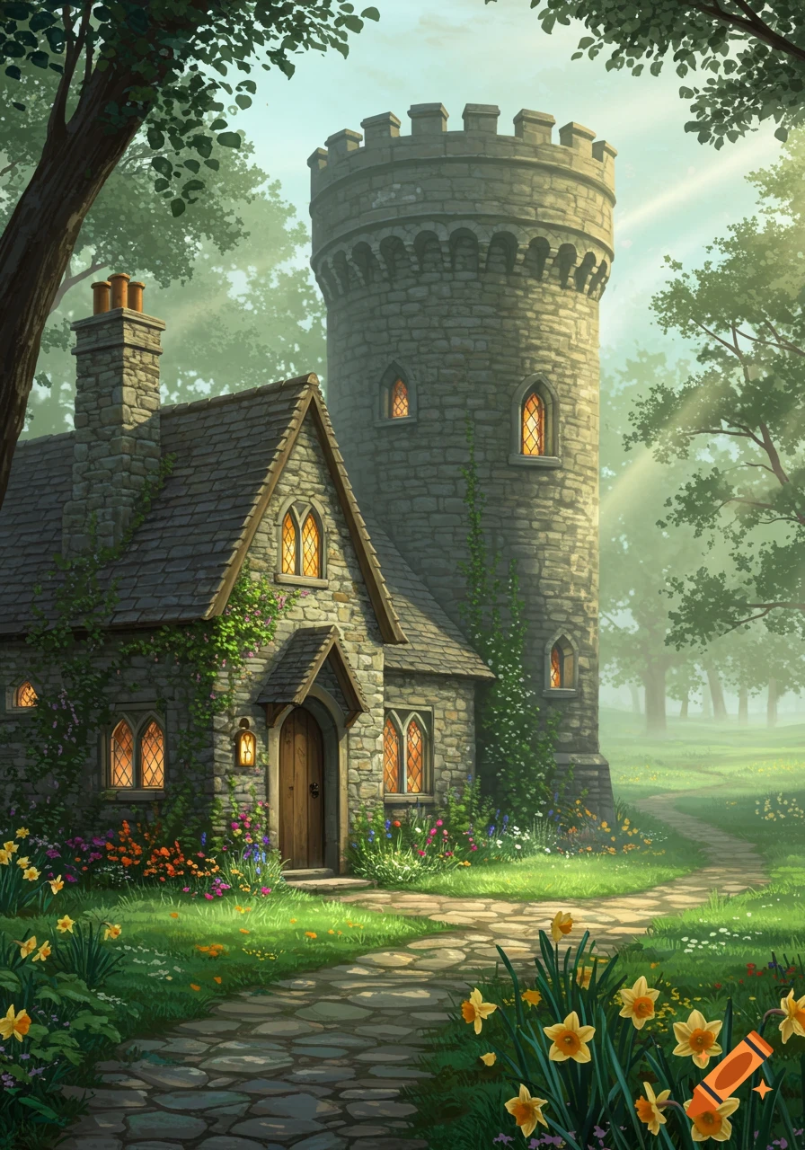 A whimsical stone cottage with a round tower nestled in a lush green ...