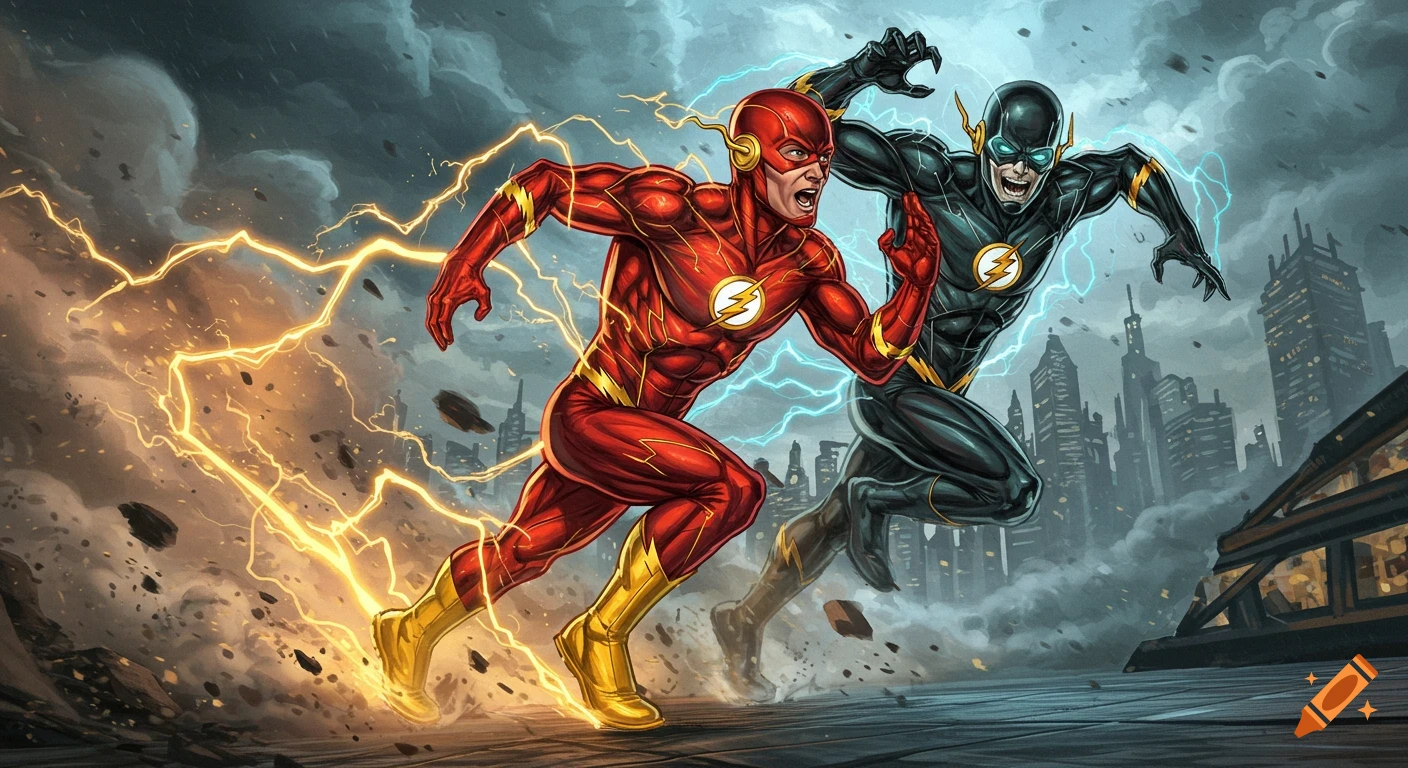The Flash and Black Flash run at high speed across a ruined city street ...