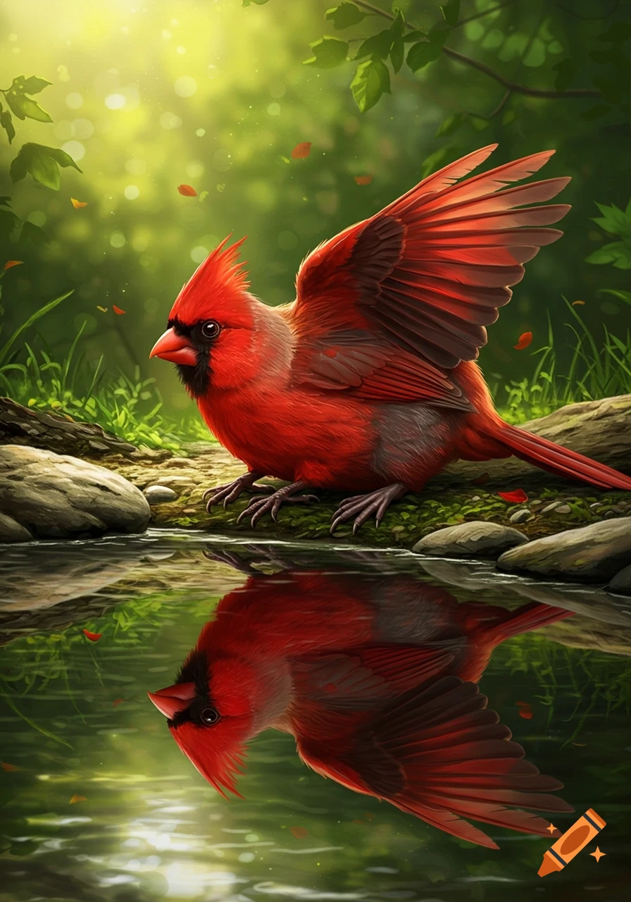 A vibrant red cardinal bird with spread wings perches by a stream ...