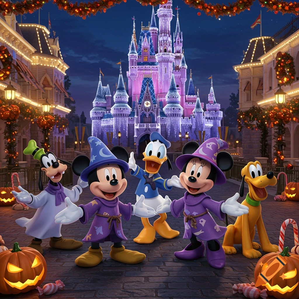 Mickey, Minnie, Donald, Goofy, and Pluto in Halloween wizard costumes ...