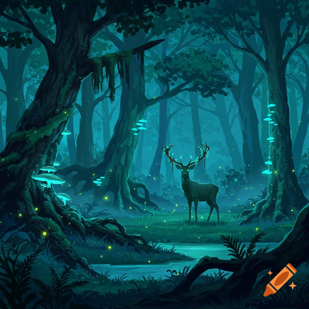 A majestic deer with glowing antlers stands in a mystical, dark forest ...
