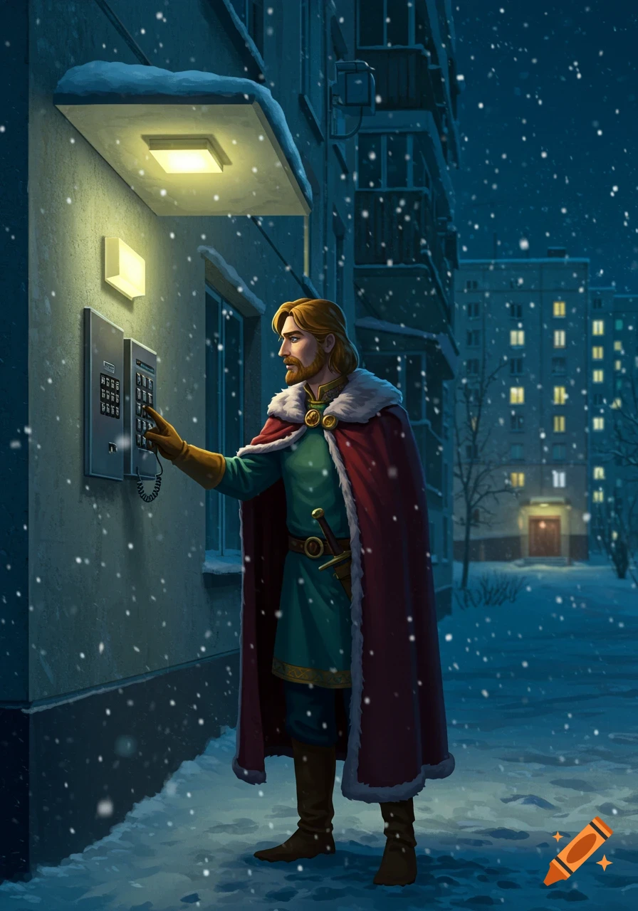 A medieval-fantasy prince in a red cape dials an intercom outside a ...