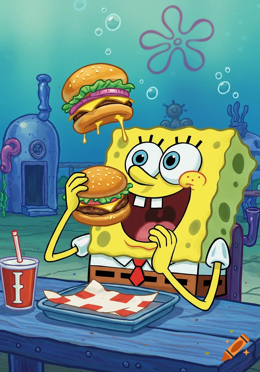 SpongeBob SquarePants, a yellow sponge, happily holds a Krabby Patty ...
