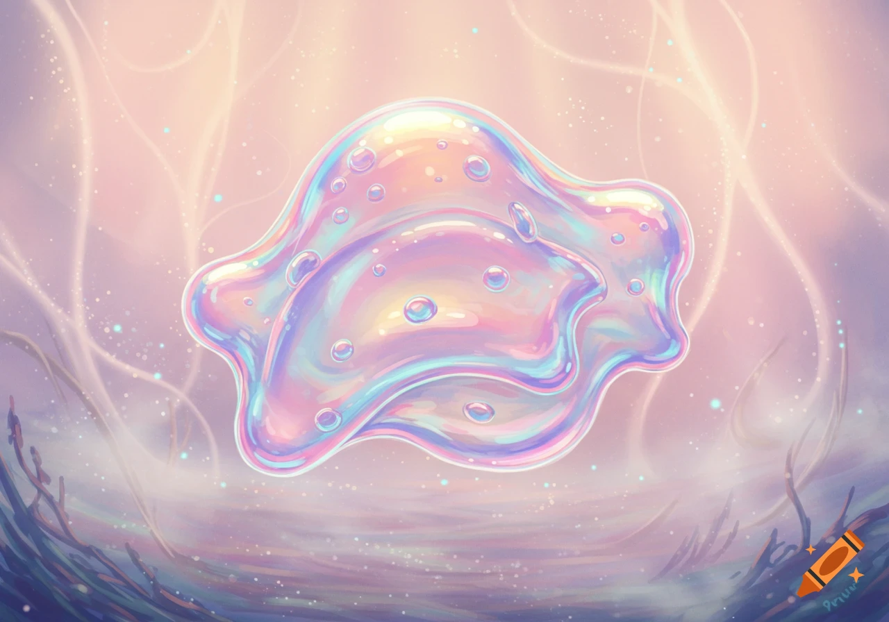 A luminous, iridescent, blob-like slime with internal bubbles floats in ...