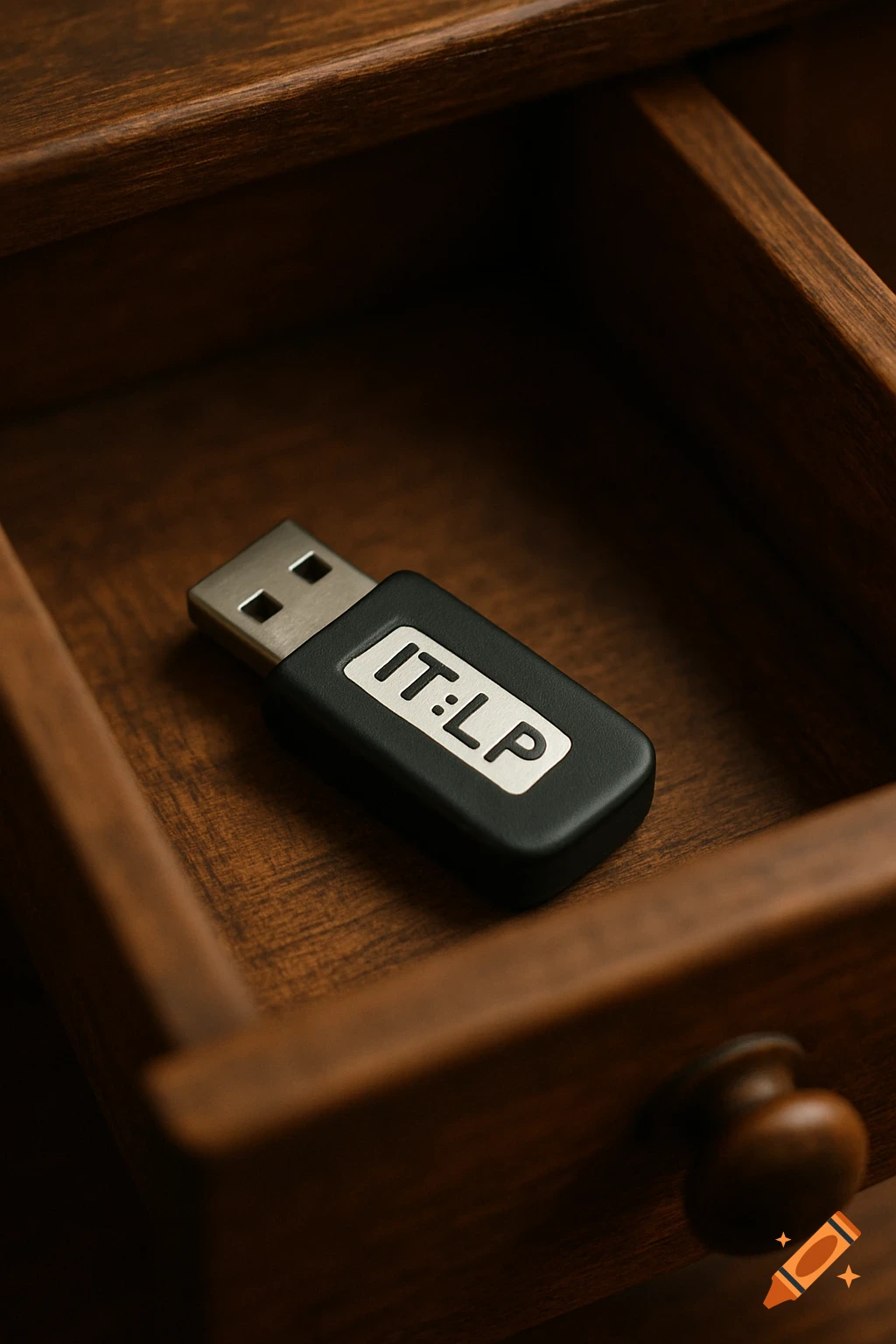 A black USB flash drive with "IT:LP" on a white label lies inside a ...