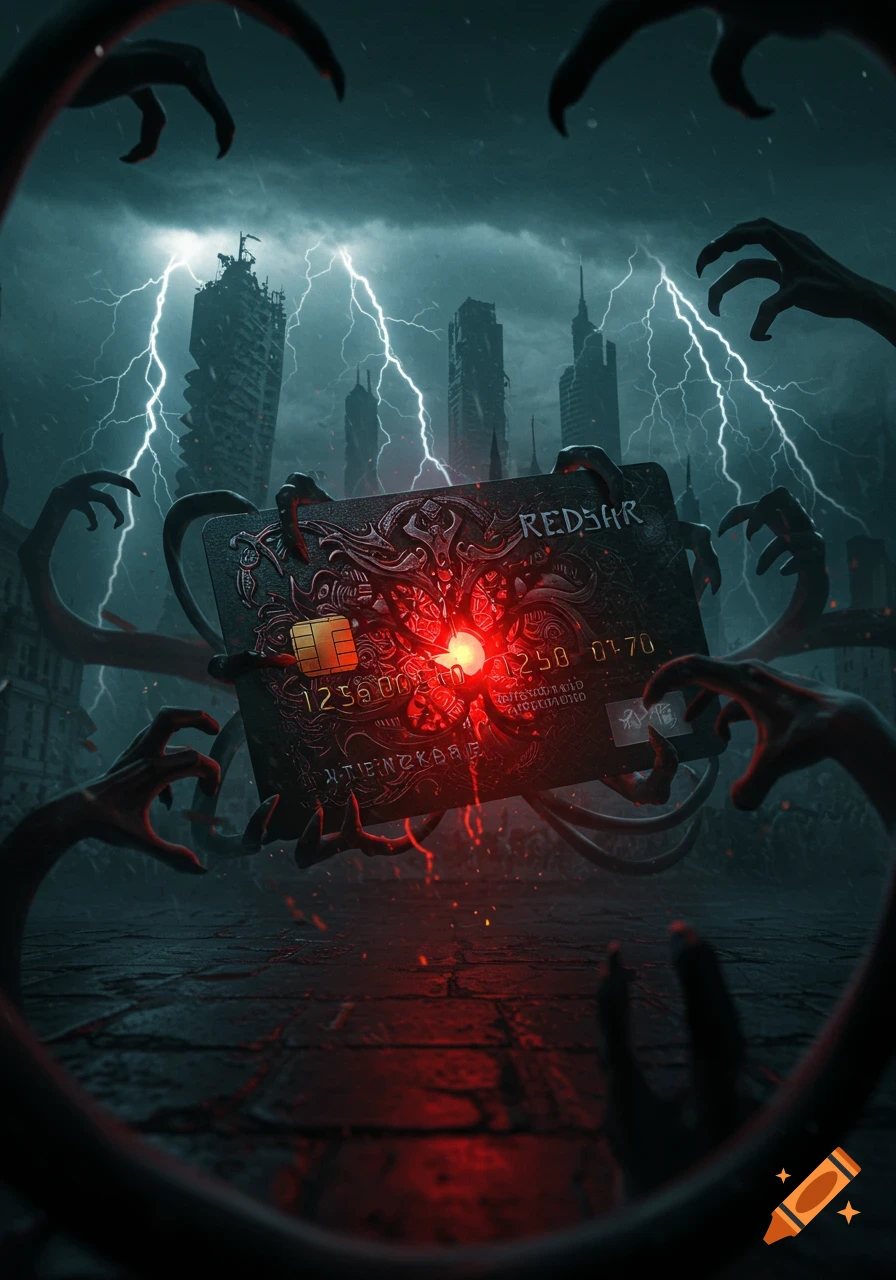 A stylized evil credit card with red glowing eyes and demonic hands ...