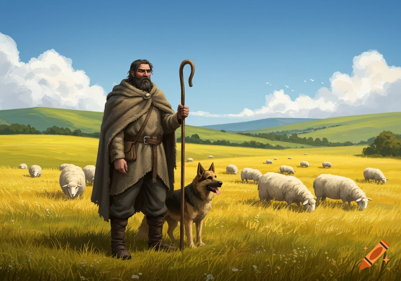 Bearded shepherd in a cloak with a staff and his sheepdog in a sunlit ...