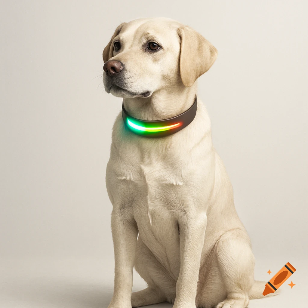 A light yellow Labrador dog sits, looking left, wearing a sleek dark ...