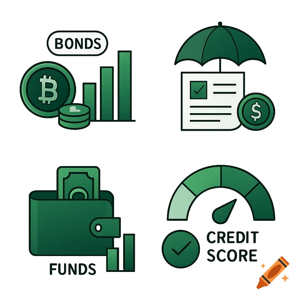 Green and white simple illustrations of finance concepts: bonds ...