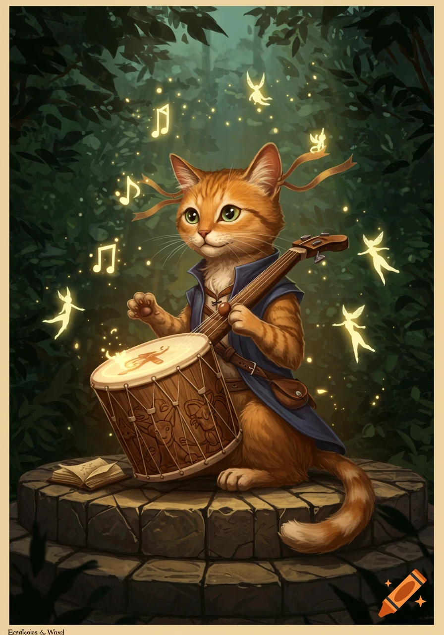 An anthropomorphic orange cat bard plays a drum in a magical forest ...