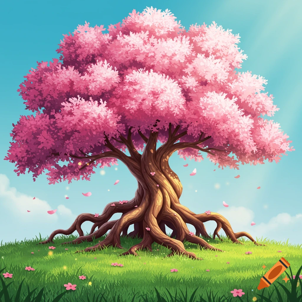 A vibrant cartoon cherry blossom tree with exposed roots on a grassy ...