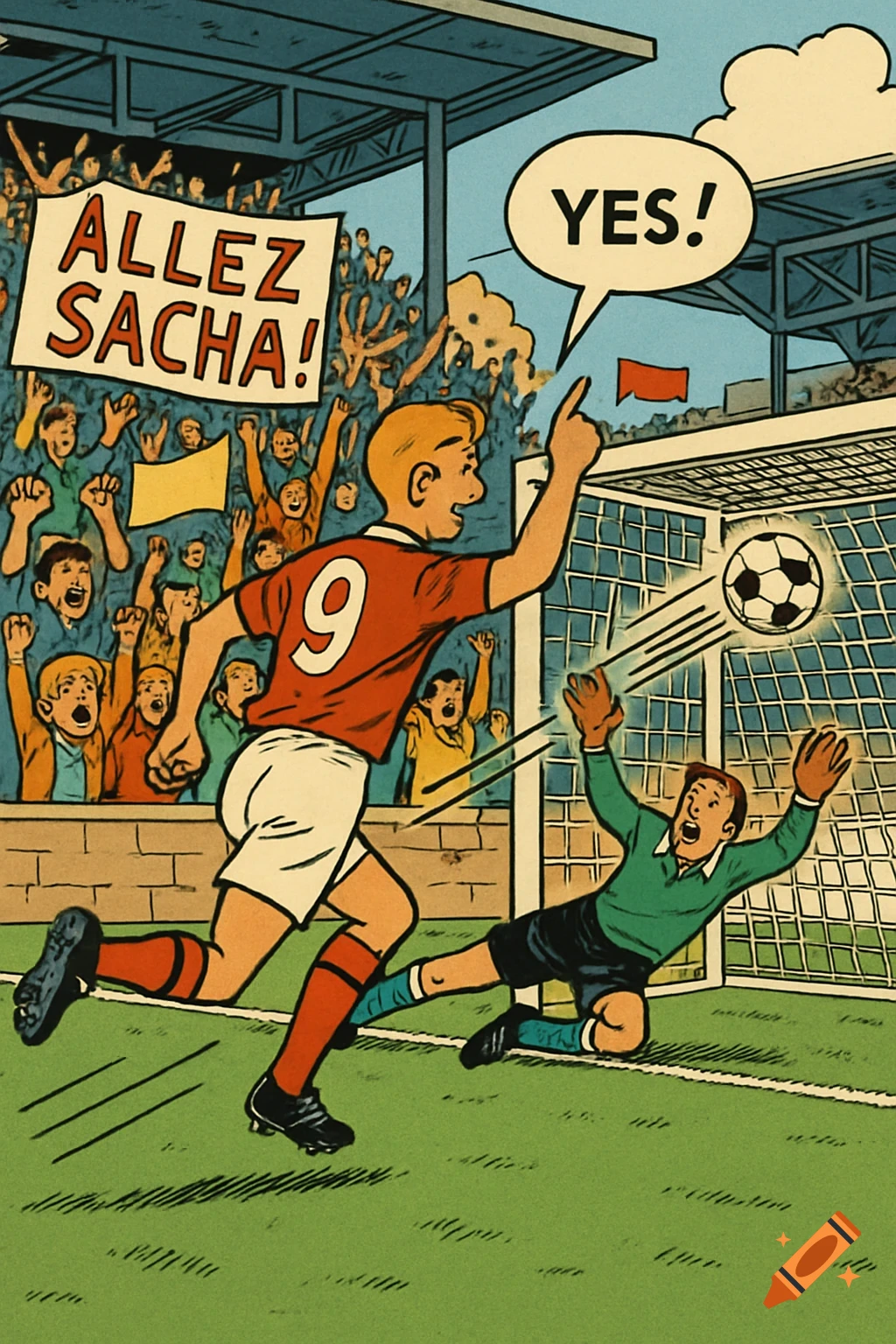 Comic book style illustration of soccer player Sacha scoring a goal ...
