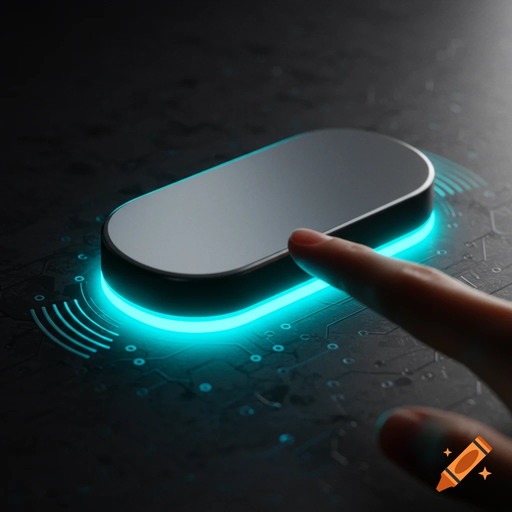 A finger presses a glowing cyan oval button on a dark, circuit ...