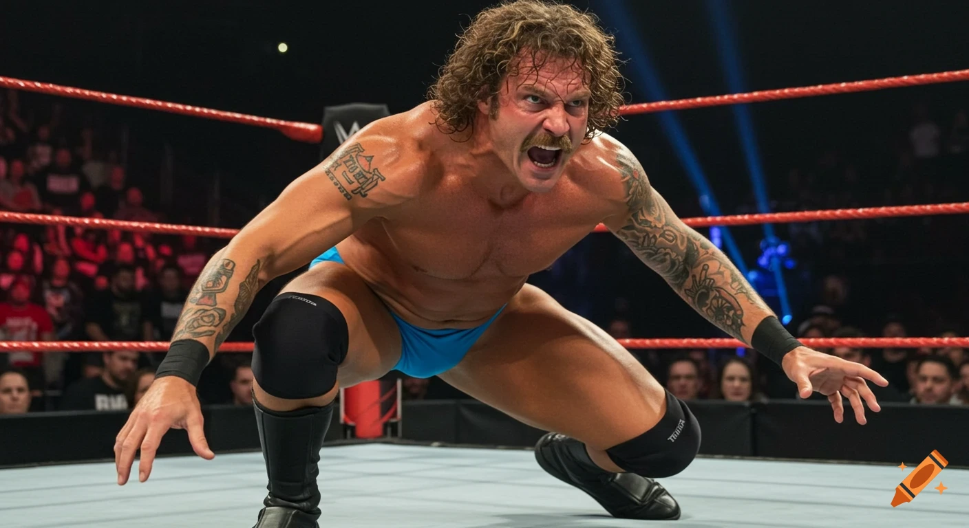 A muscular pro wrestler with a mustache and curly hair, wearing blue ...