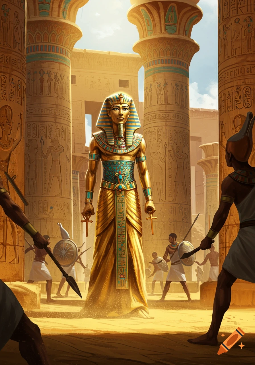 A golden pharaoh statue stands in a grand Egyptian temple with ...