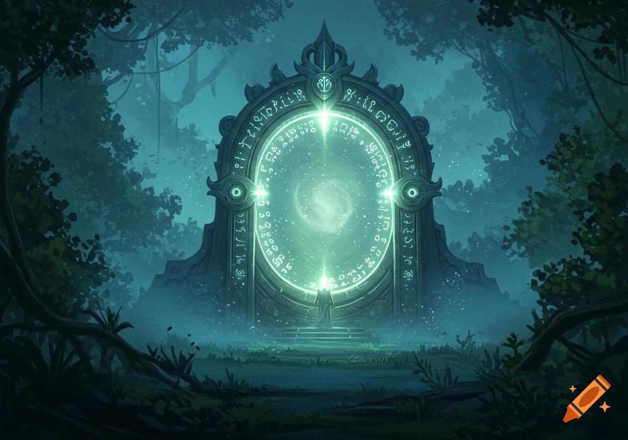 A glowing mystical portal with ancient runes in a dark, enchanting ...