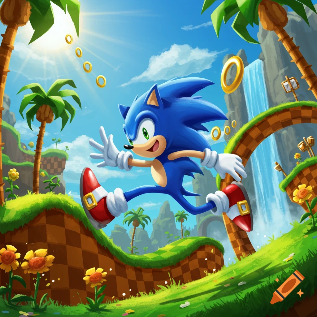 Sonic the Hedgehog dashes through a sunny, vibrant Green Hill Zone-like ...