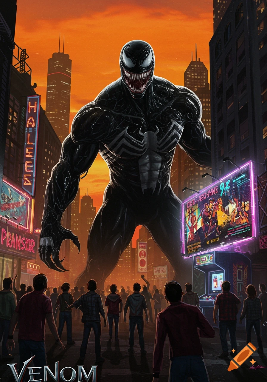 A giant, muscular Venom monster looms over a city street at sunset, as ...
