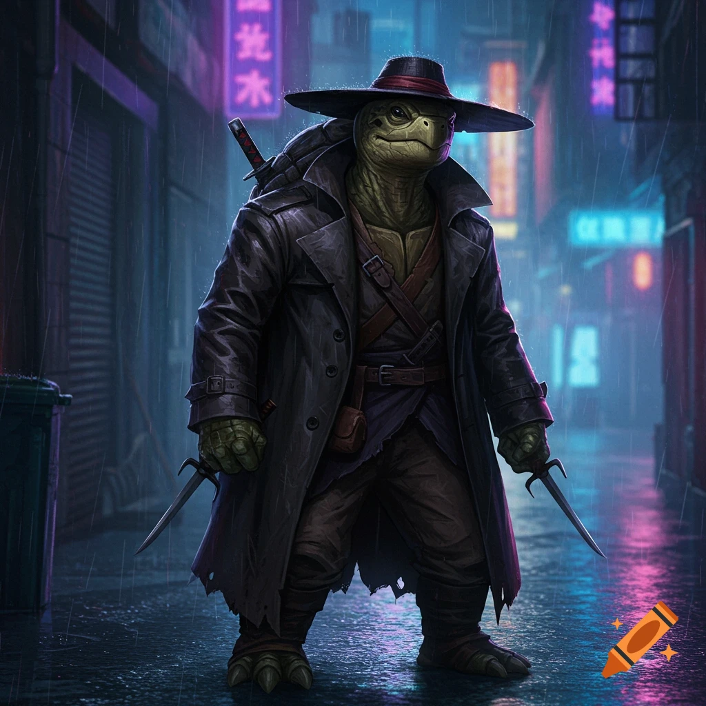 A bipedal turtle in a trench coat and fedora holds daggers in a rainy ...