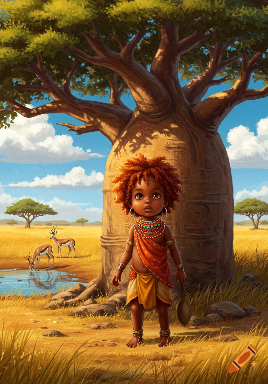 A young child with red dreadlocks and colorful traditional attire ...