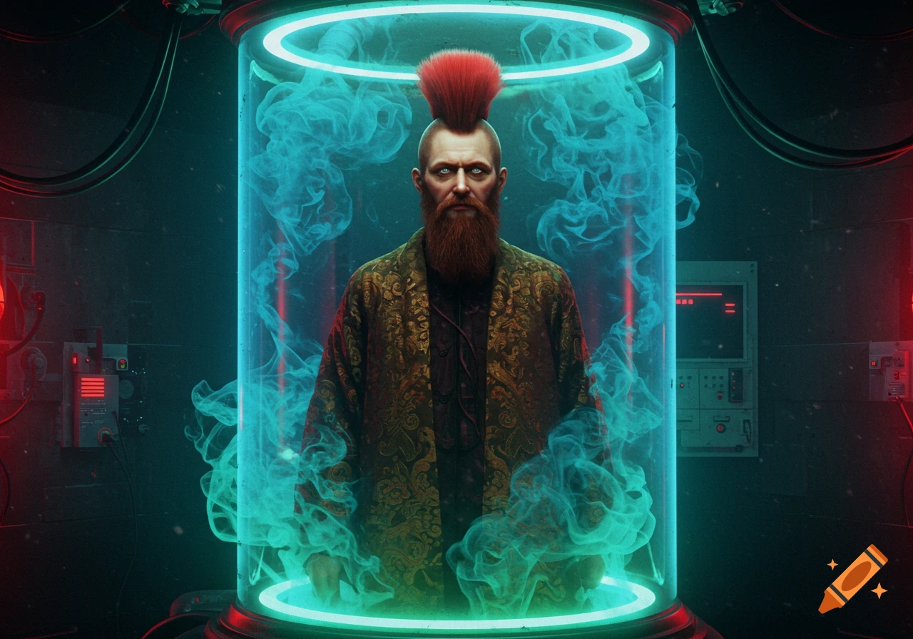 A bearded man with a red mohawk and white eyes stands in a glowing sci ...